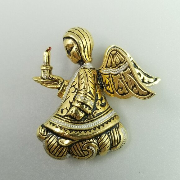 Vintage | Jewelry | Vintage Damascene Angel With Candle Gold Tone Black ...